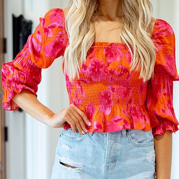 Tops | Orange Floral Puff Half Sleeve Square Neck Smock Peplum Top ...